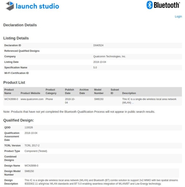 Snapdragon 8150正式通过蓝牙技术联盟认证，代号为SM8150！